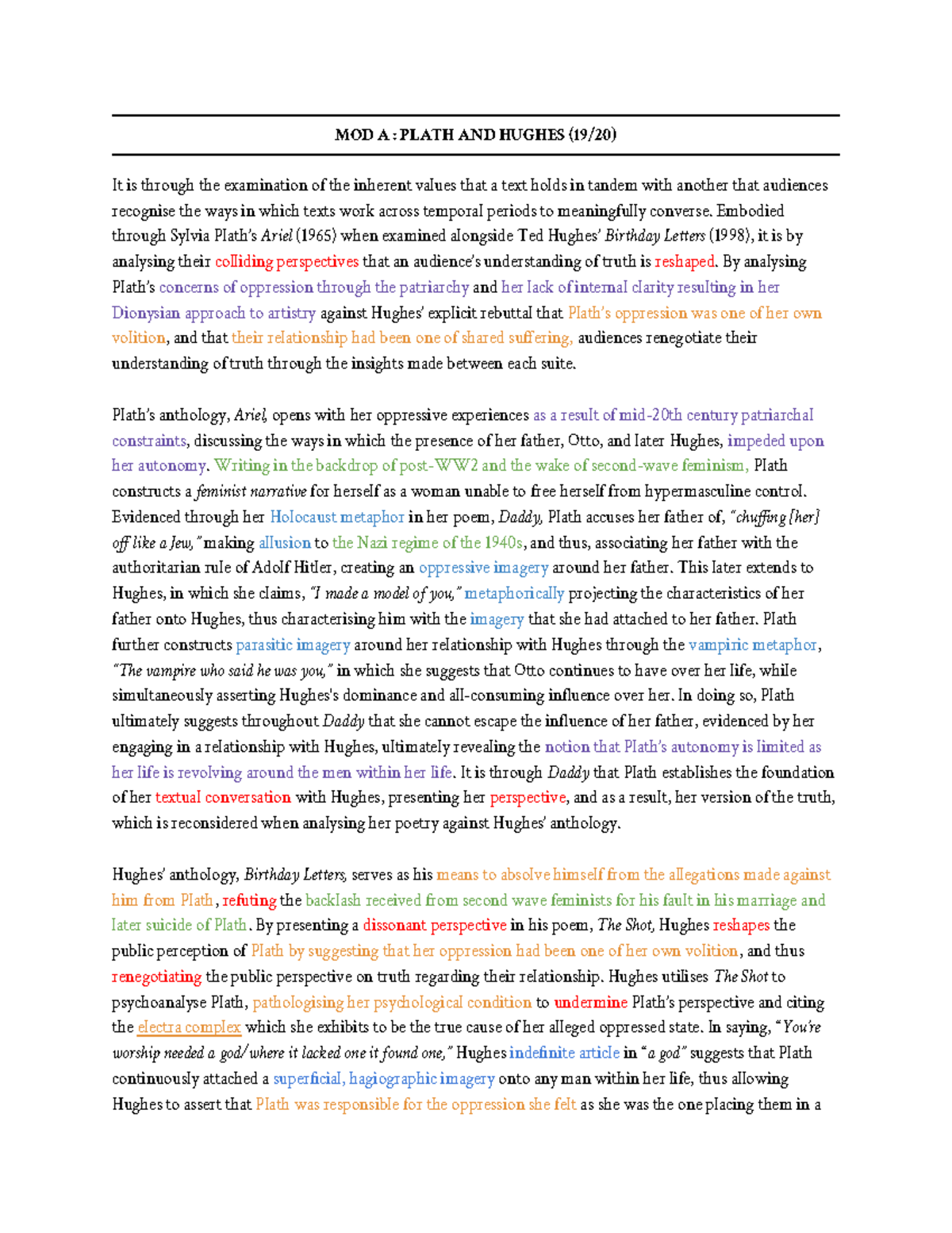 Plath + Hughes Essay - MOD A : PLATH AND HUGHES (19/20) It is through ...