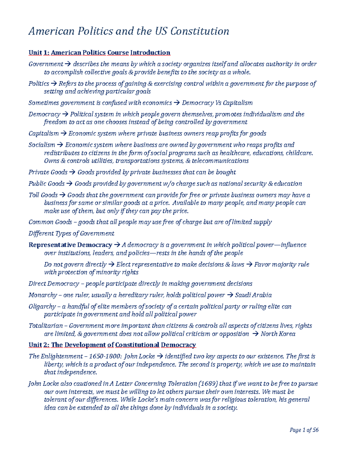 American Politics and the US Constitution Notes - Unit 1: American ...