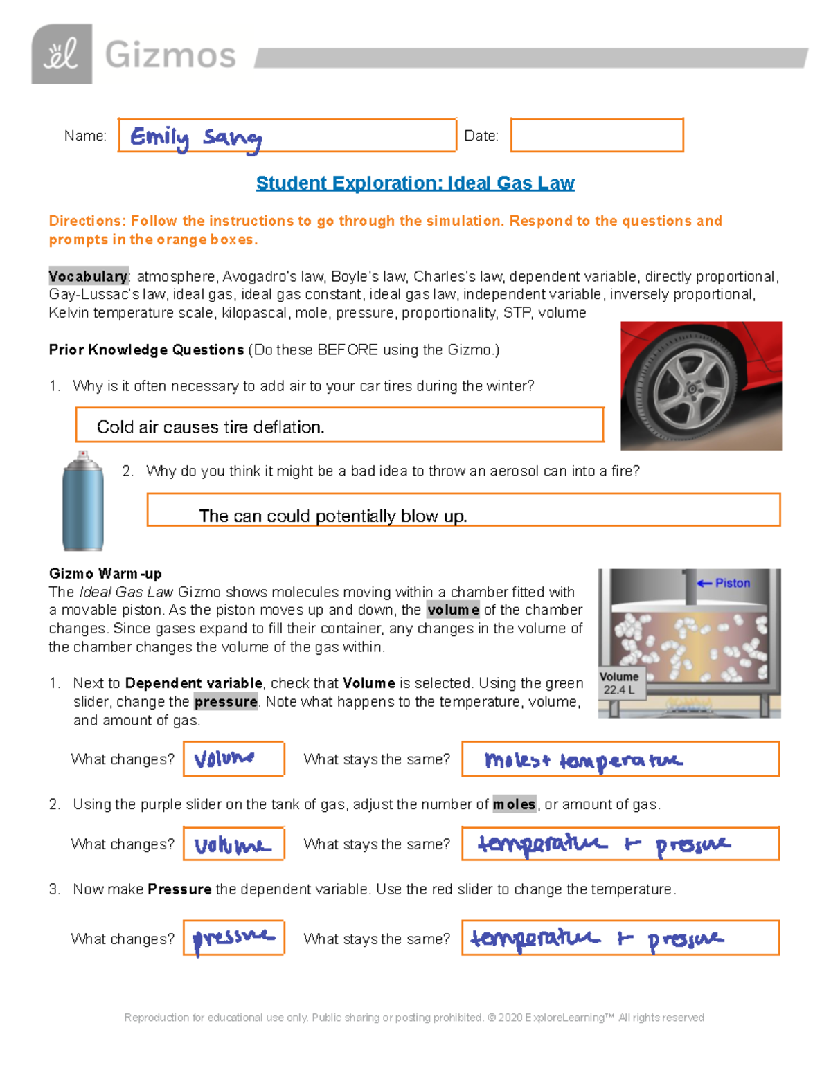 Ideal Gas Law SE - Chemistry - Name: Date: Student Exploration: Ideal ...