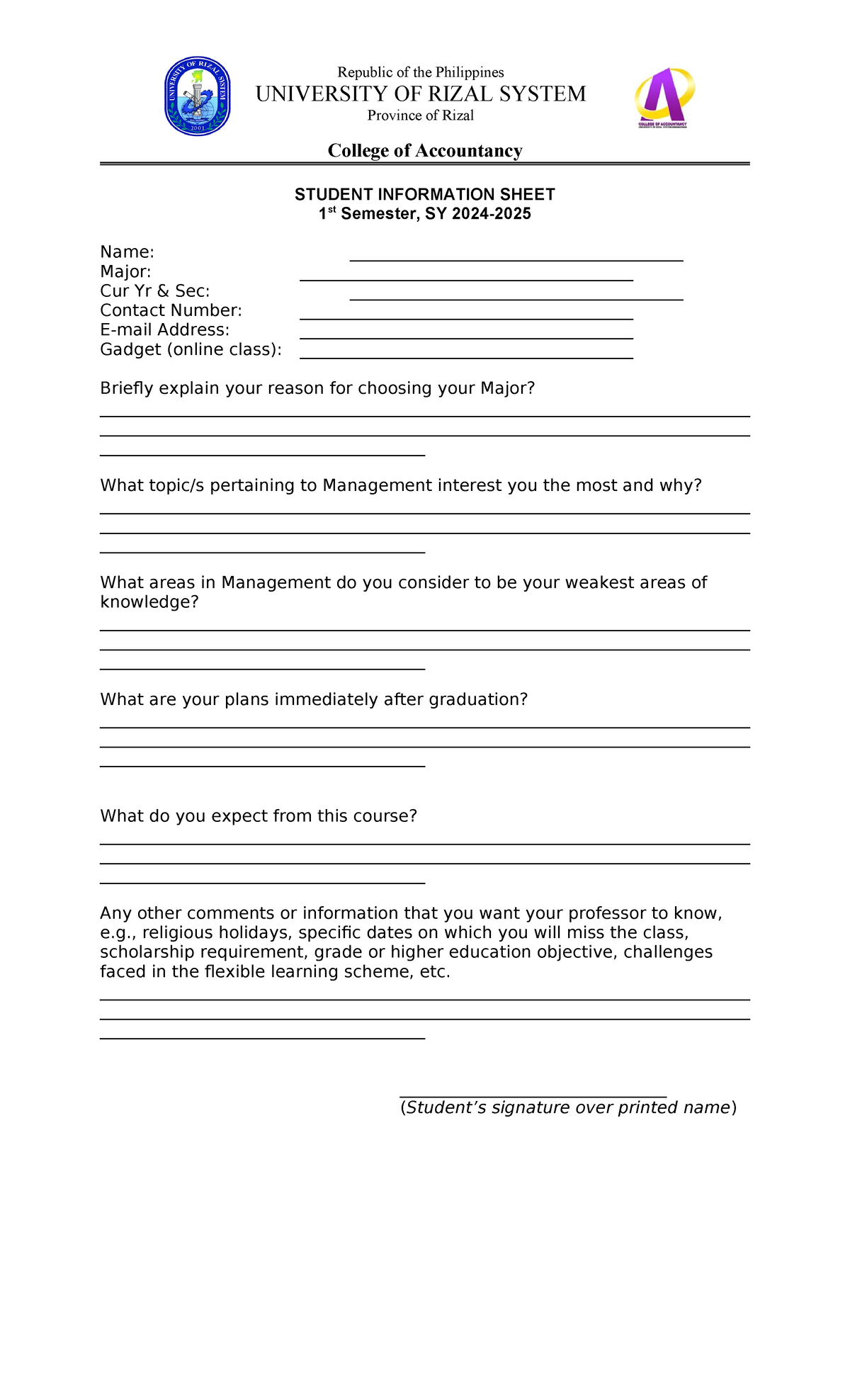 BSA SIS Activity 1st Sem SY 2024 2025 - College of Accountancy STUDENT ...