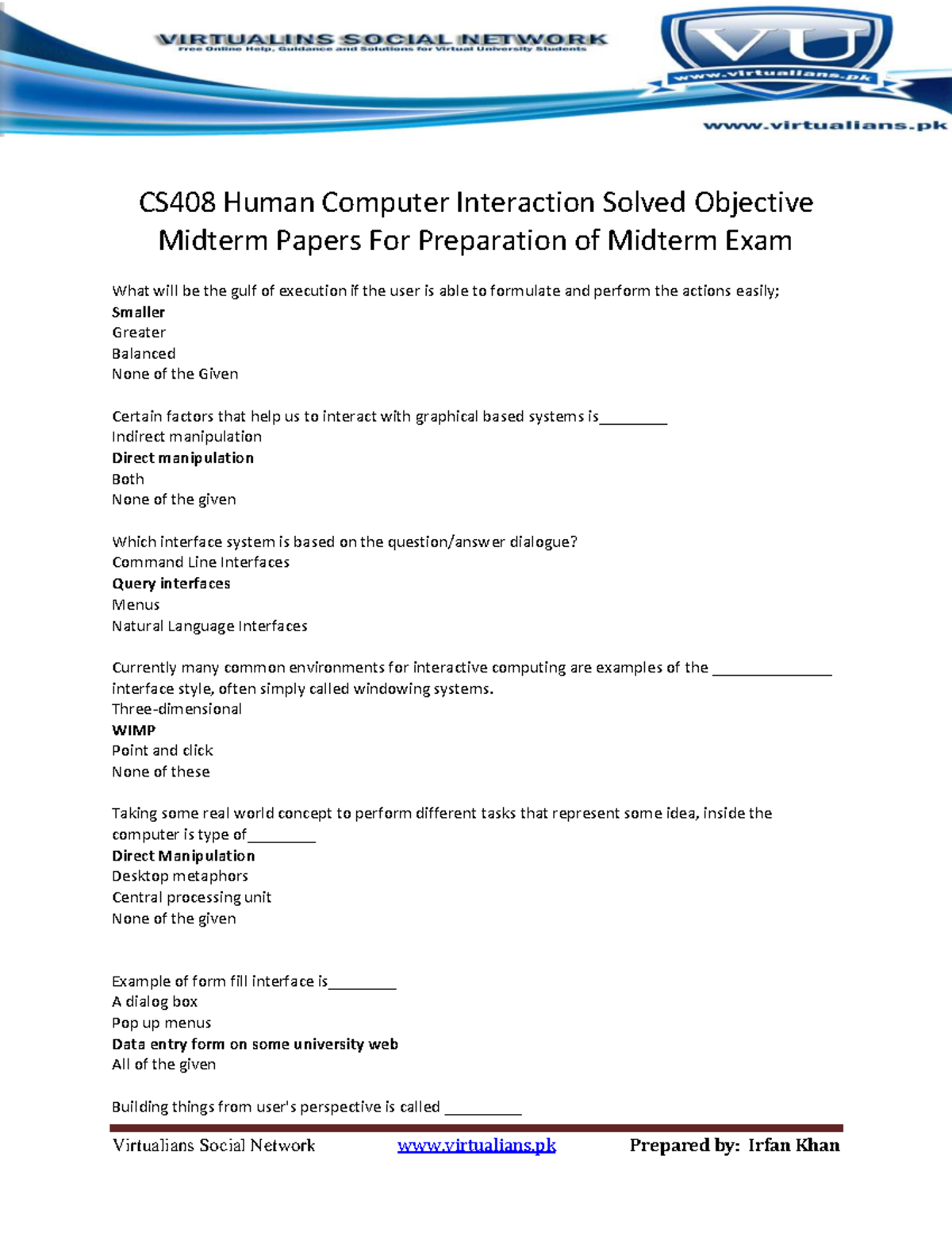 Mcqsz - past papers - CS408 Human Computer Interaction Solved Objective Midterm Papers For - Studocu
