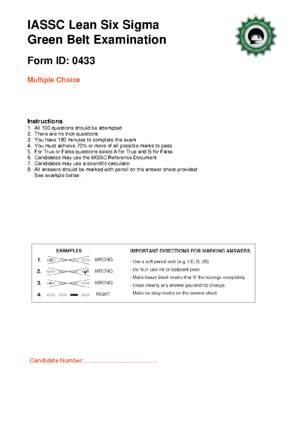 Pdfcoffee - Form ID: 0433 IASSC Lean Six Sigma Green Belt Examination ...