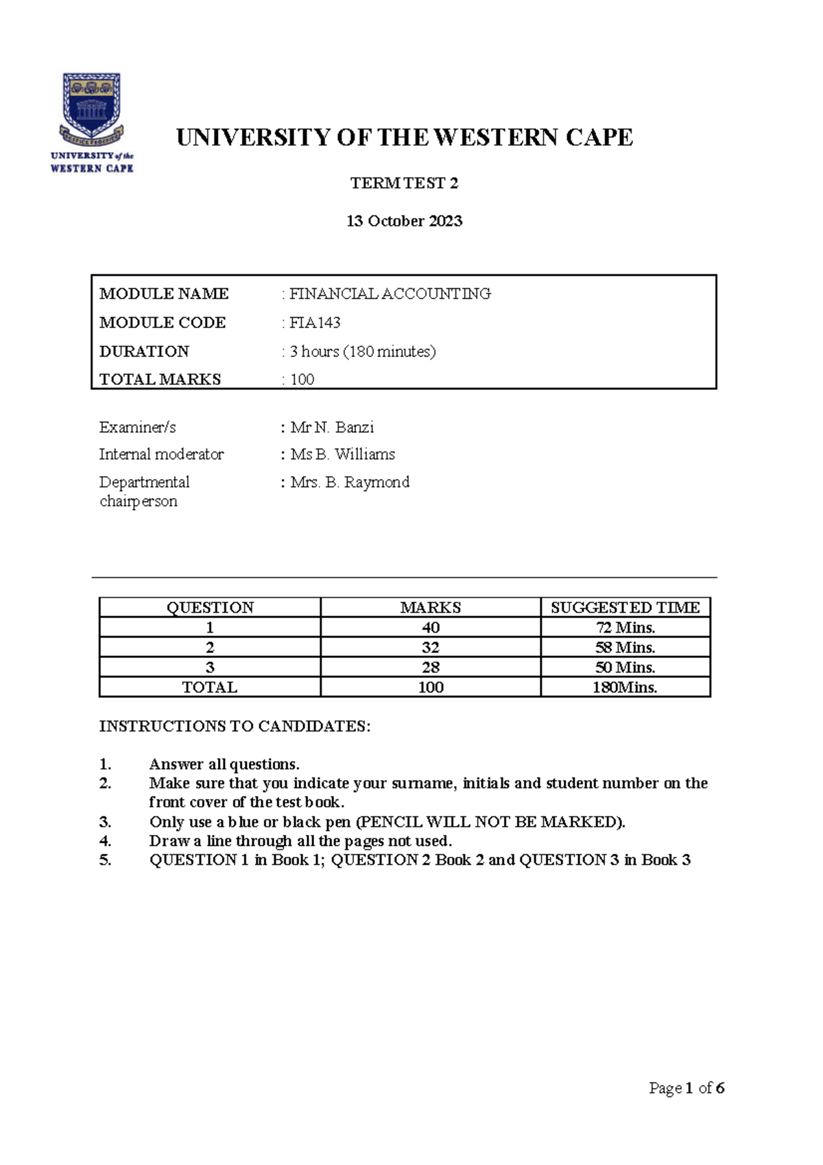 FIA143 TERM TEST 2 2023 - STUDY - UNIVERSITY OF THE WESTERN CAPE TERM ...
