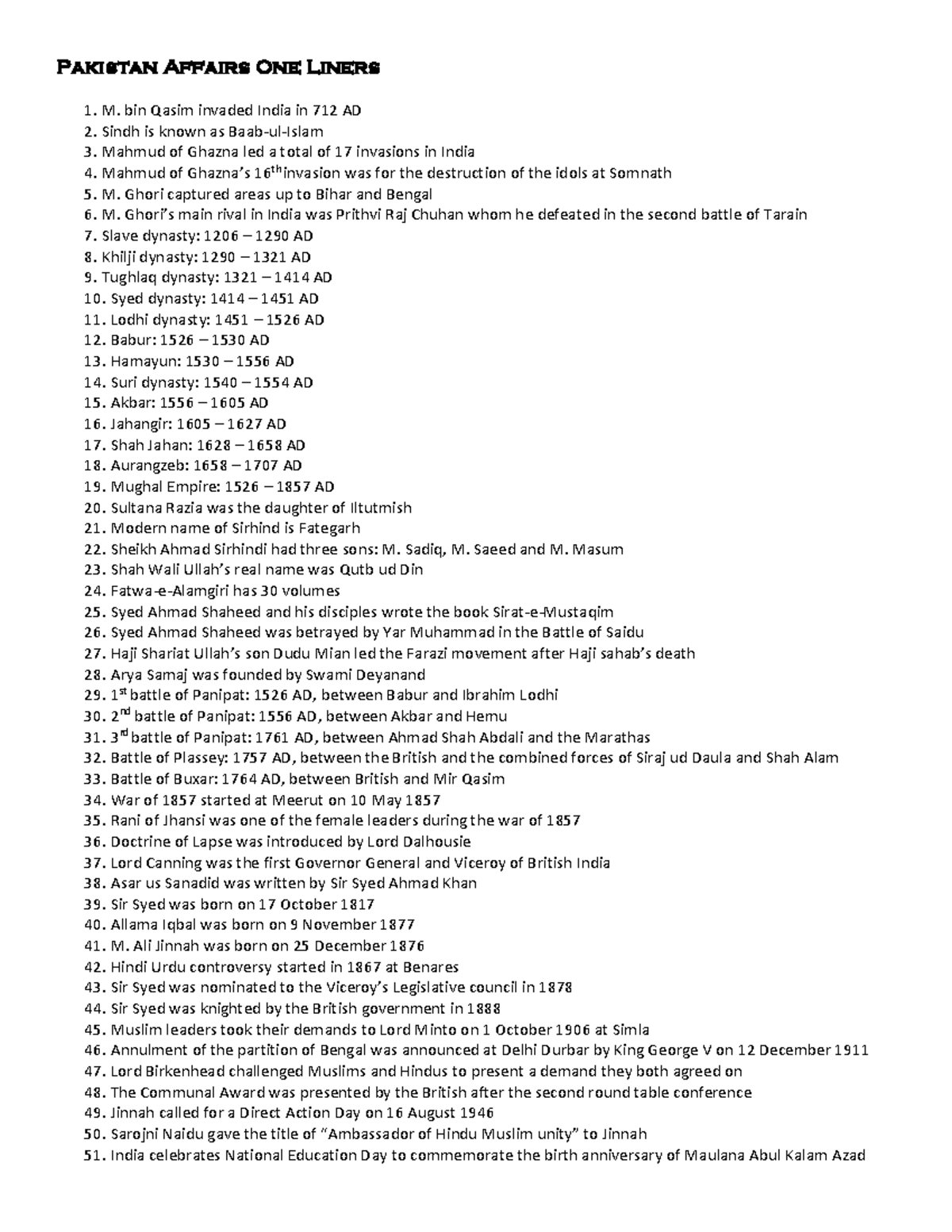 Pak Affairs One Liners - Pakistan Affairs One Liners M. bin Qasim ...