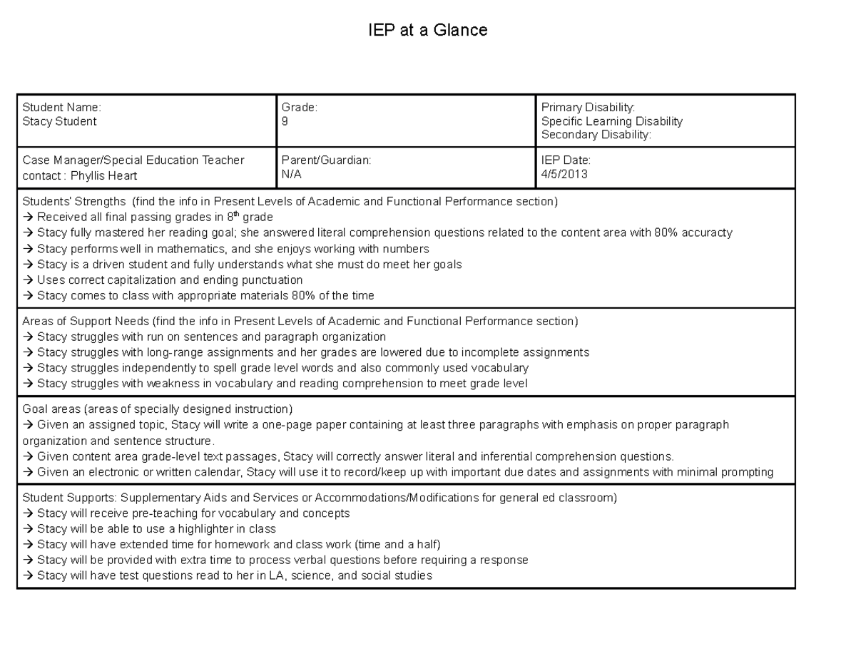 IEP at a Glance - Coursework - IEP at a Glance Student Name: Stacy ...