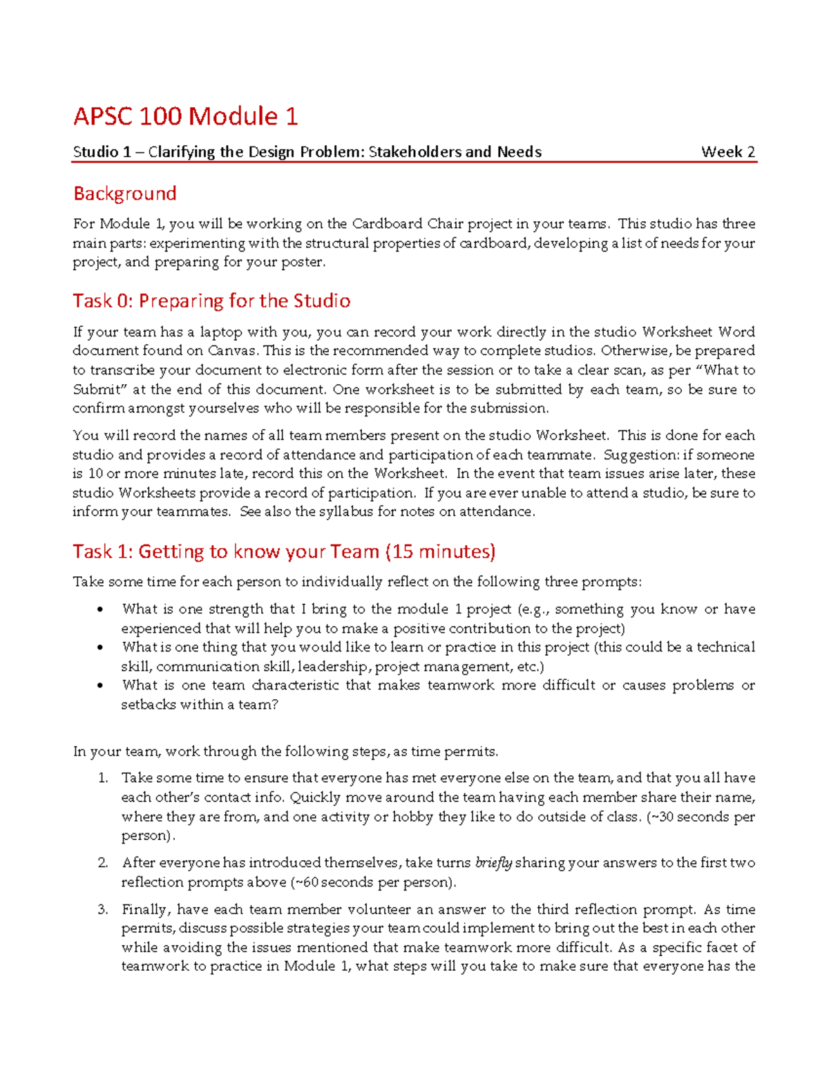 APSC100-M1-W2 Studio - apsc class week 2 - APSC 100 Module 1 Studio 1 ...