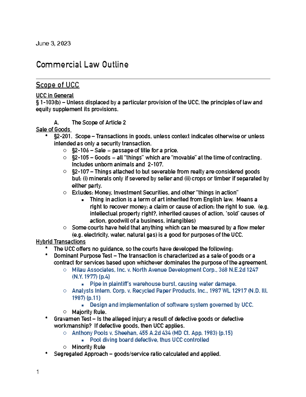 Commercial Law Outline Week 5 - June 3, 2023 Commercial Law Outline ...