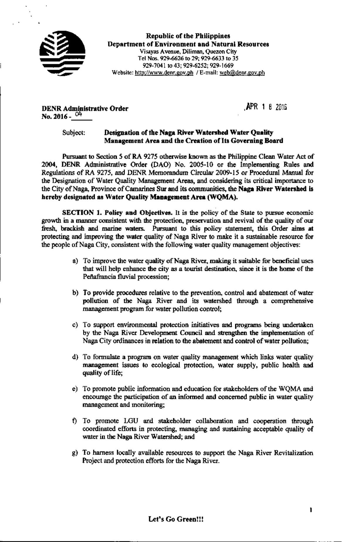 Designation OF THE NAGA River Watershed Water Quality Management AREA ...