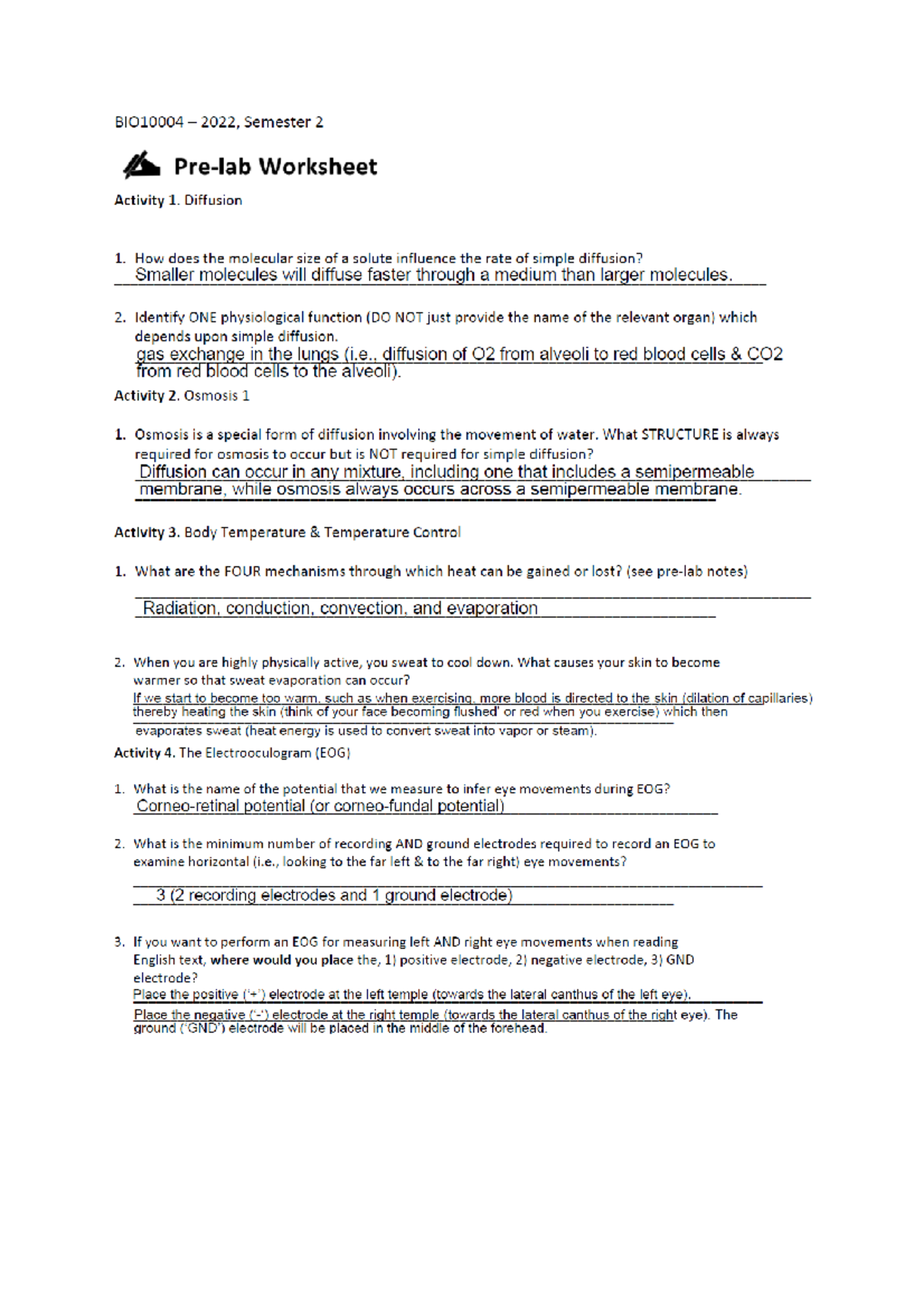 PHY PRAC 1 - Pre-lab questions and post-lab questions. - BIO10004 - Studocu