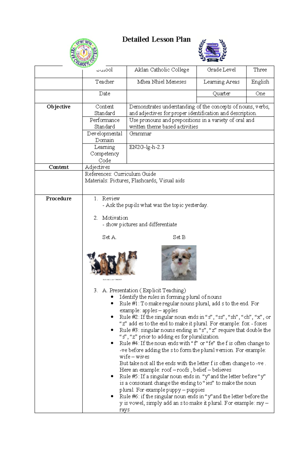 Grade 3 Englsih, quarter 1 - Detailed Lesson Plan School Aklan Catholic ...