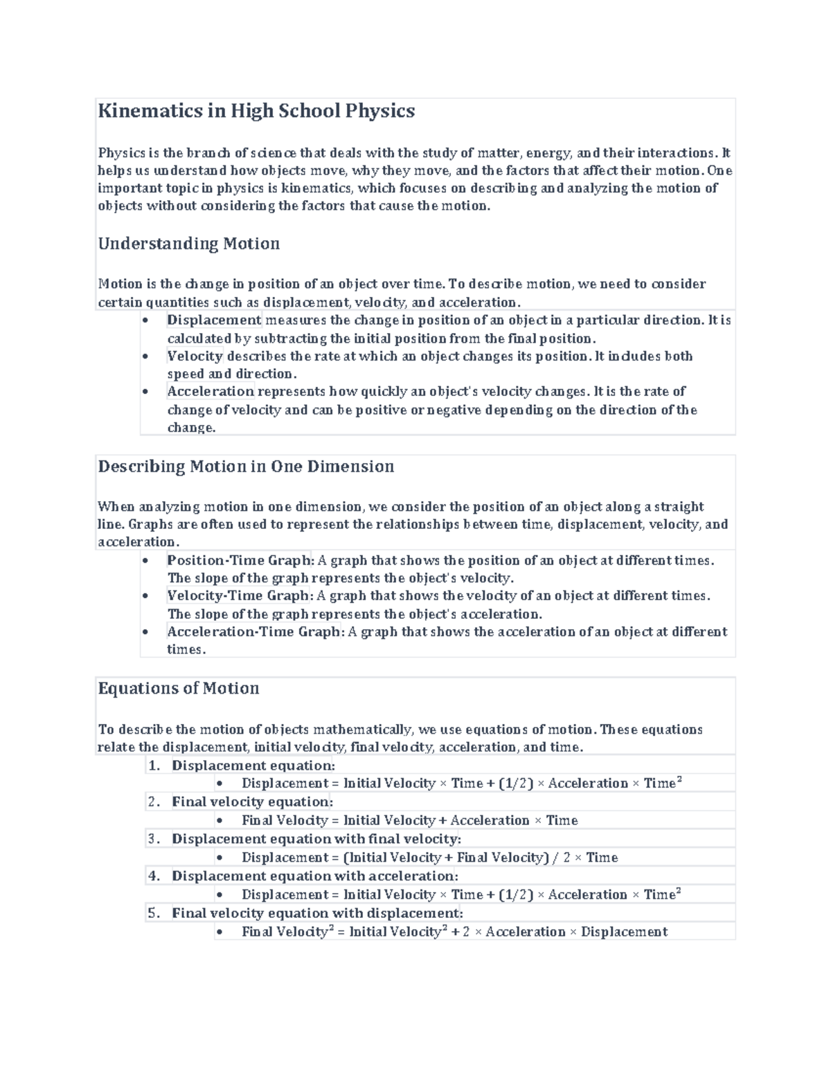 Kinematics Literacy Week 1 - Kinematics in High School Physics Physics ...