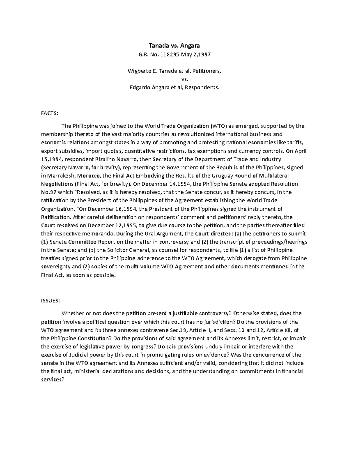 Tanada v. Angara, 272 SCRA 18 - Tanada vs. Angara G. No. 118295 May 2 ...