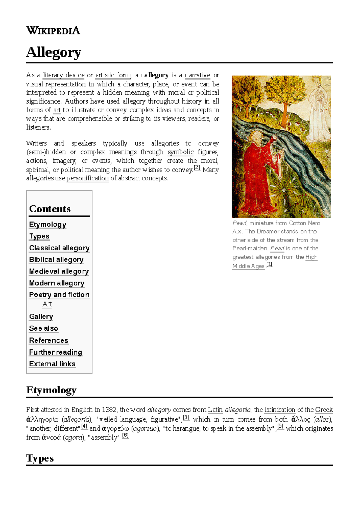 Allegory - Pearl, miniature from Cotton Nero A. The Dreamer stands on ...