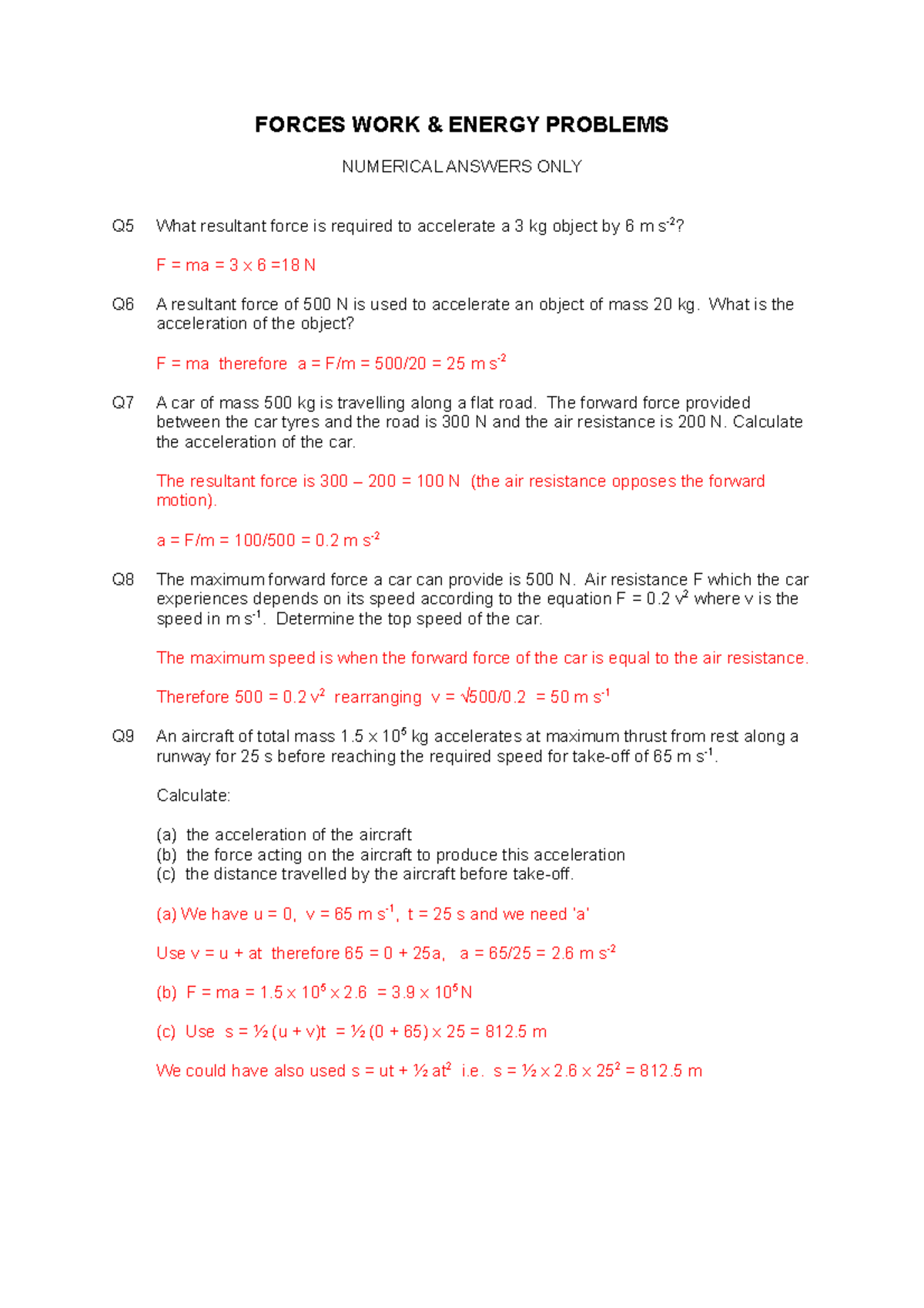 Unit 8 - Force Work Energy problems Answers - FORCES WORK & ENERGY ...