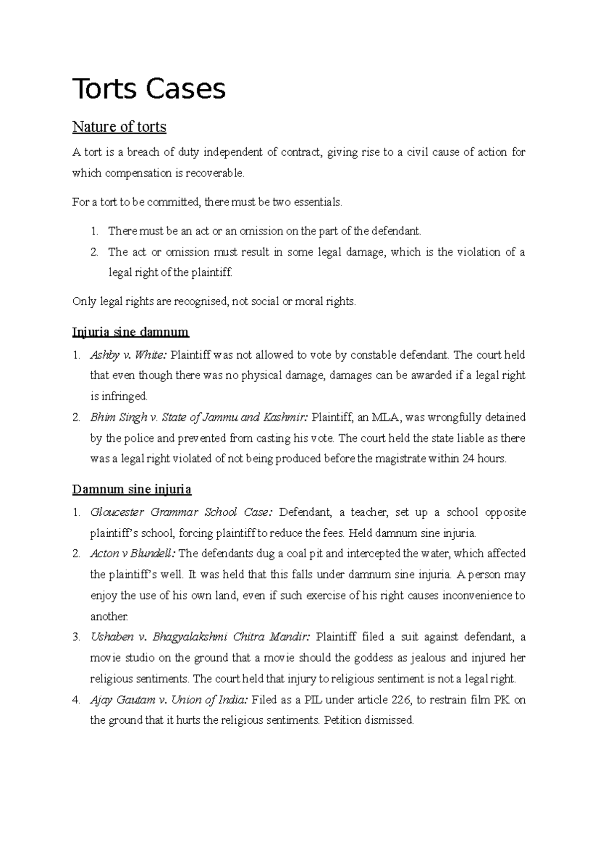 Torts Cases - Torts Cases Nature of torts A tort is a breach of duty ...