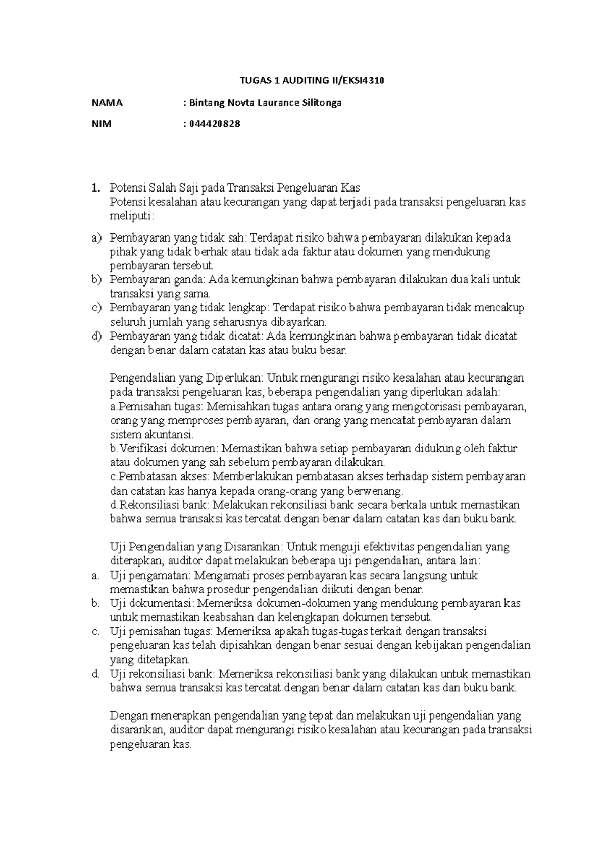 Tugas 1 Auditing II - TUGAS 1 AUDITING II/EKSI NAMA : Bintang Novta Laurance Silitonga NIM ...