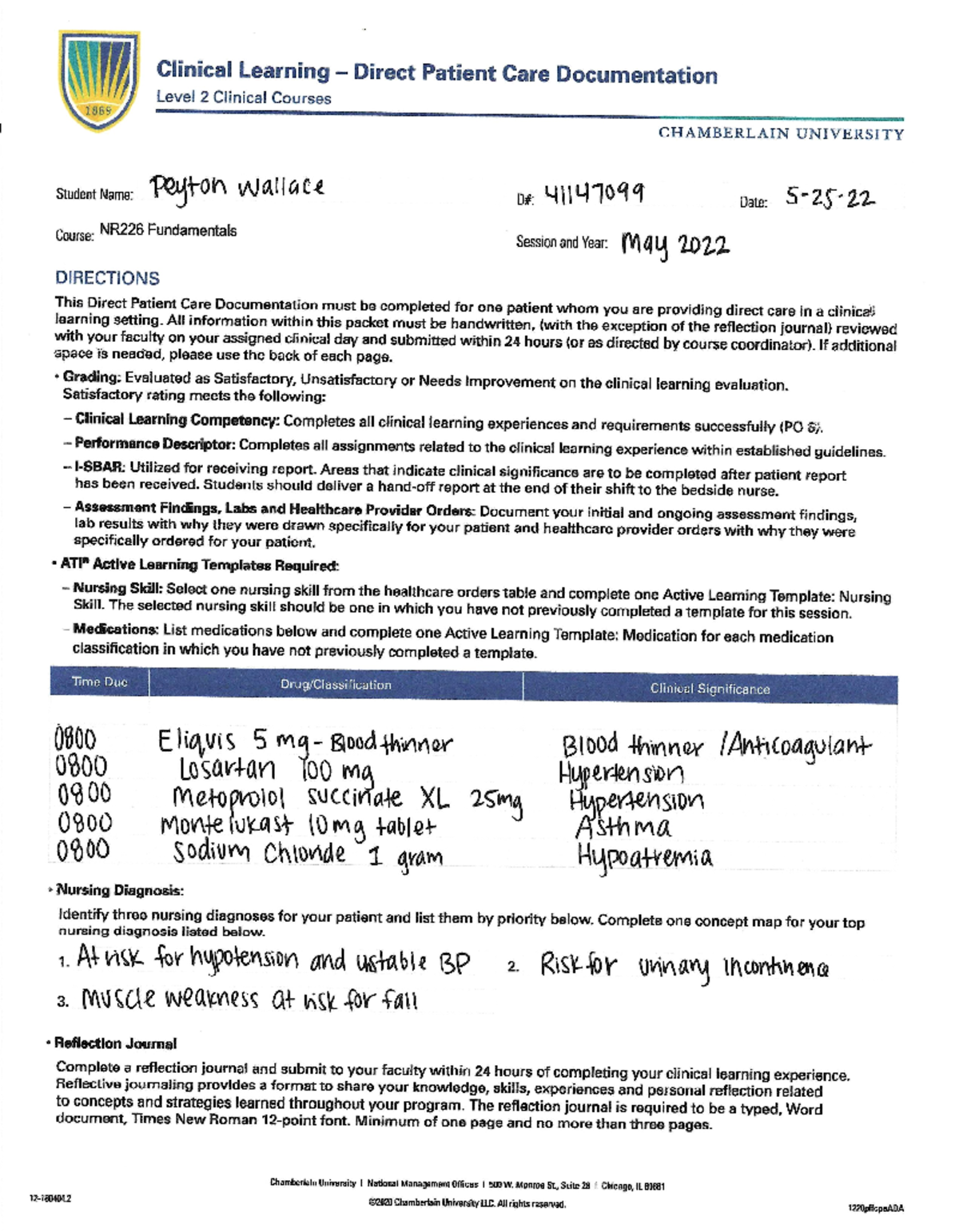 Direct Patient Care Document Week 3 - Clinical Learning Direct Patient ...