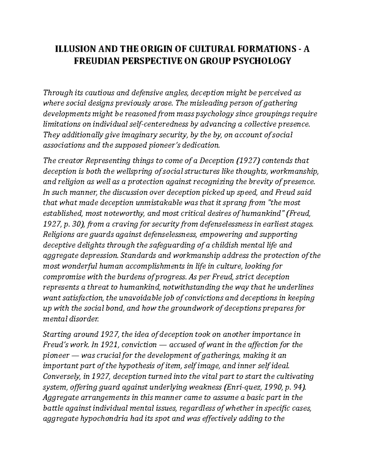 Illusion and the Origin of Cultural Formations - A Freudian Perspective ...