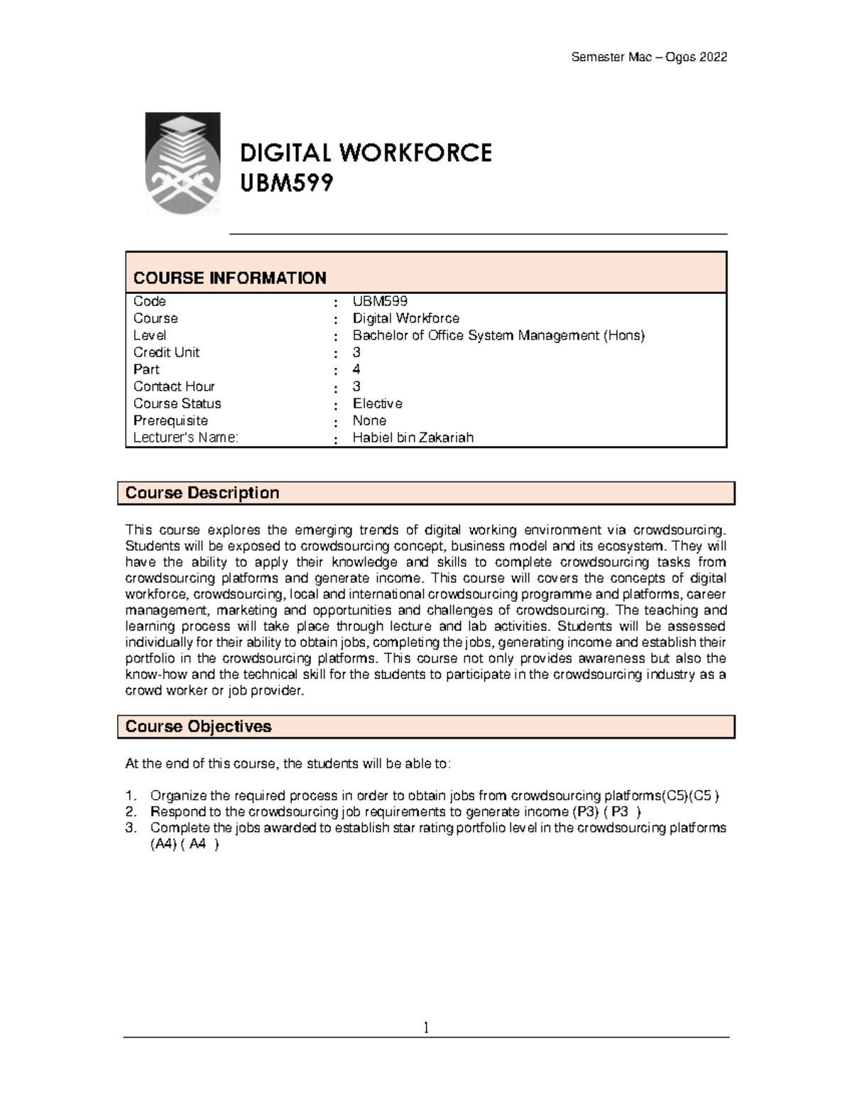UBM 599 Course Description - DIGITAL WORKFORCE UBM COURSE INFORMATION ...