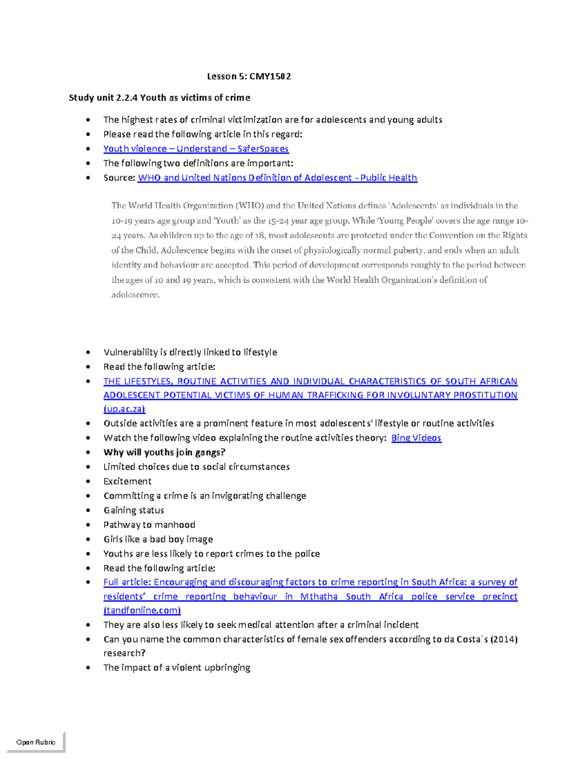 Lesson 5 CMY1502 - Lesson 5: CMY Study unit 2.2 Youth as victims of ...