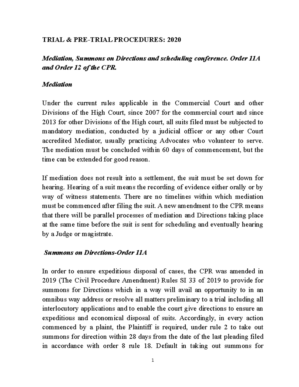 Civil procedure notes 2 (002) (002)Final March 2020 (002) - TRIAL & PRE ...