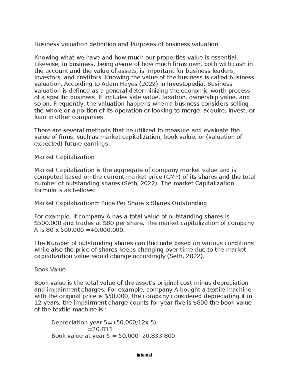 Bus5111- discussion Unit 5 - Business valuation definition and Purposes ...