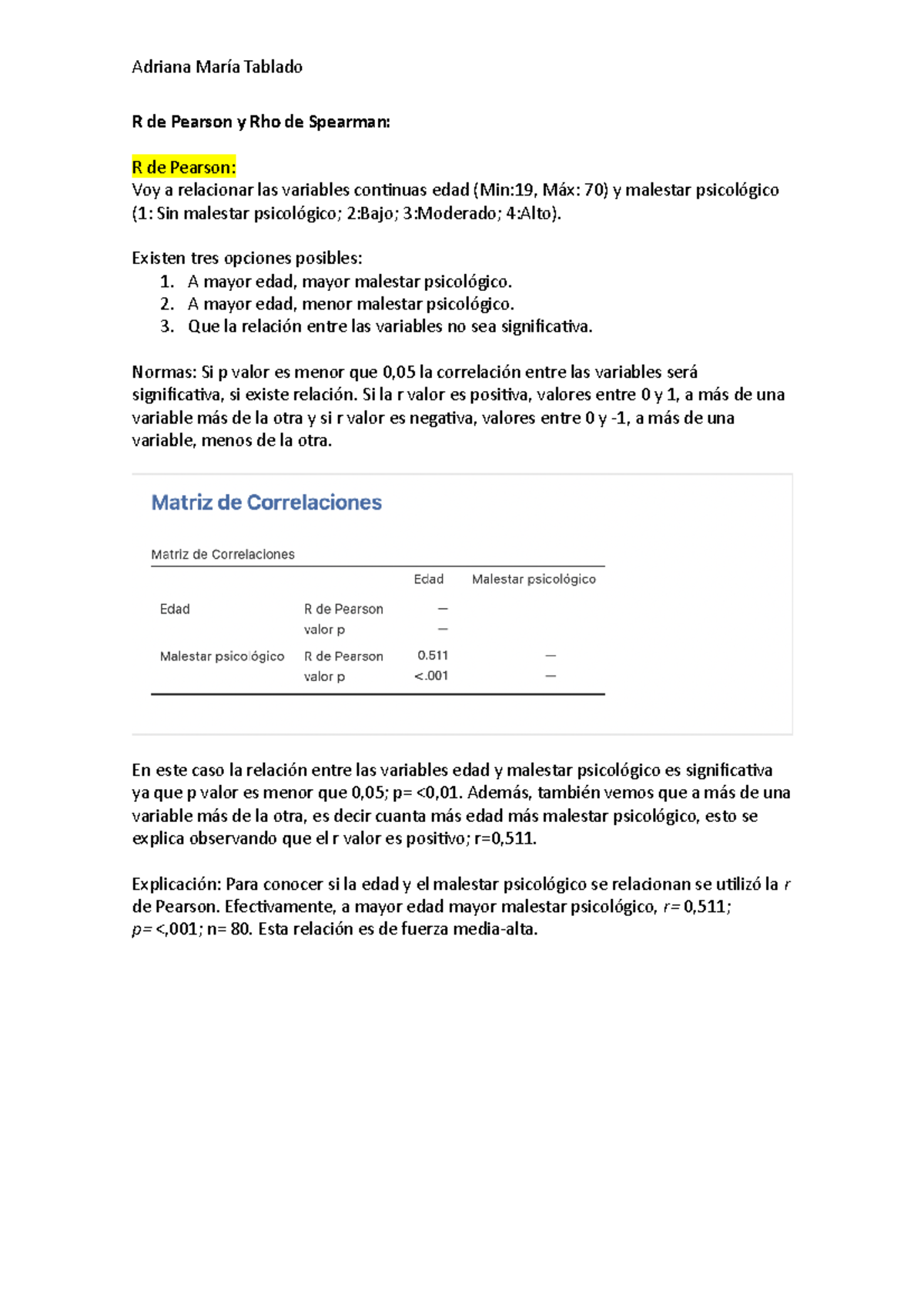 R de Pearson y Rho de Spearman - Adriana María Tablado R de Pearson y ...