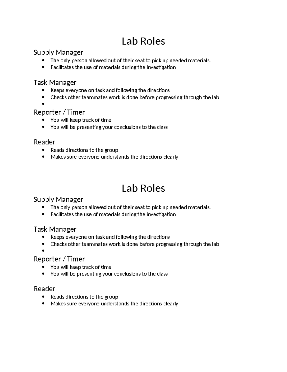Lab roles - Lab Roles Supply Manager The only person allowed out of ...