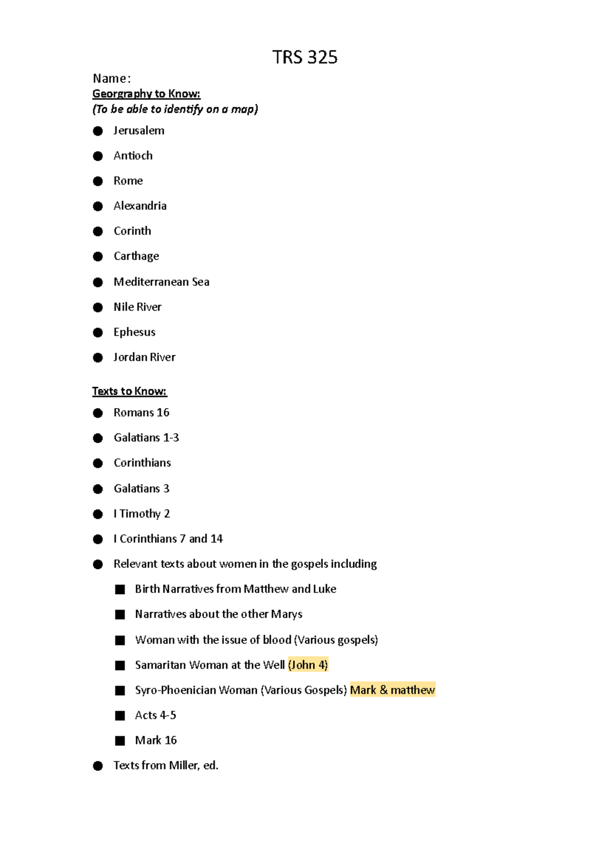 TRS 325 Exam 1 Study Guide - Name: Georgraphy to Know: (To be able to ...