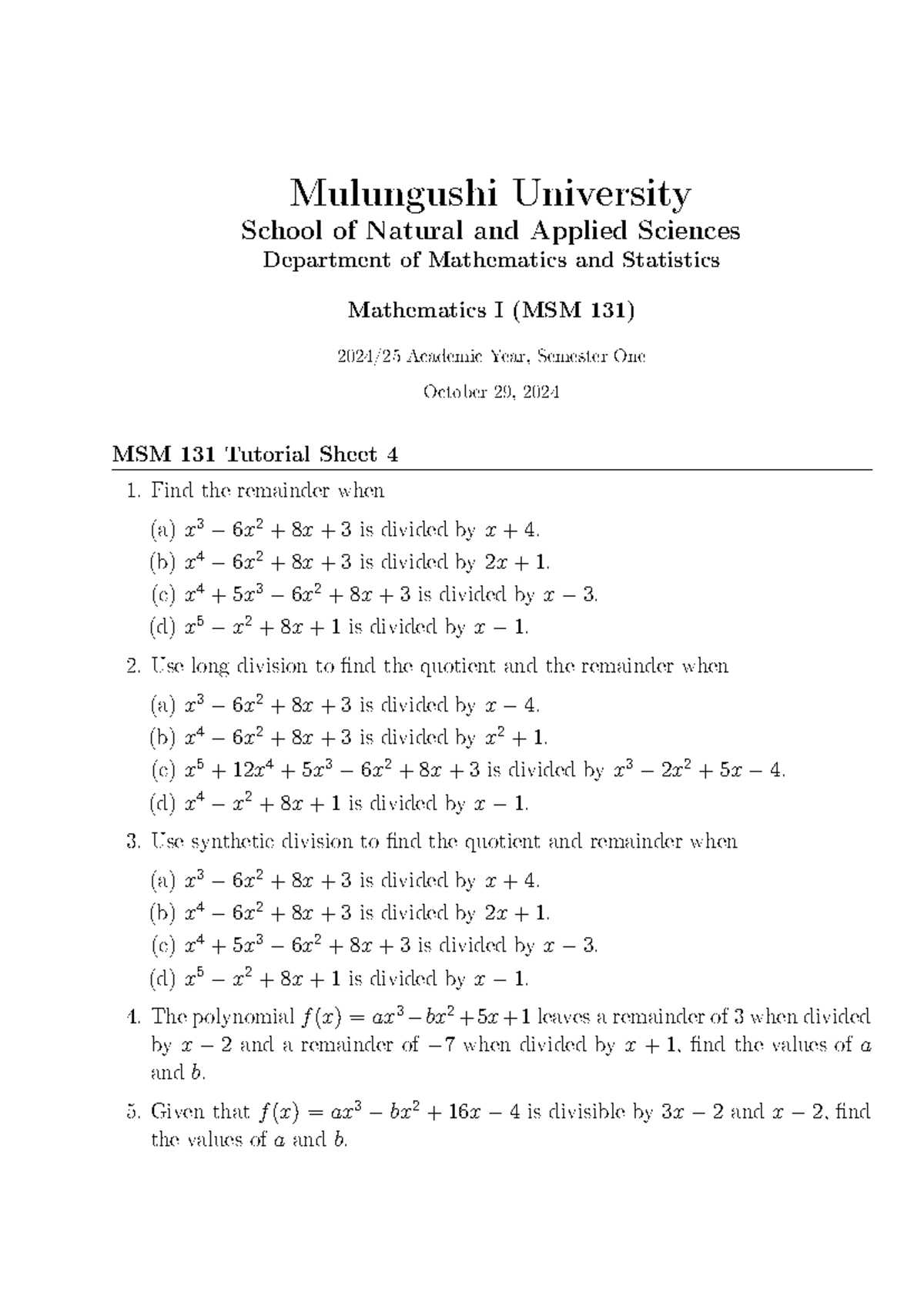 MSM131 Tutorial Sheet 4 - Copy - Mulungushi University School of Natural and Applied Sciences ...