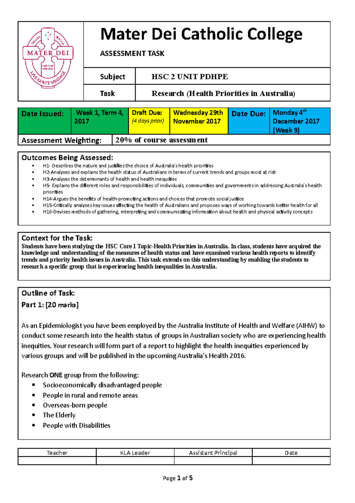 Year 12 pdhpe 2018 hsc task 1 - Mater Dei Catholic College ASSESSMENT ...