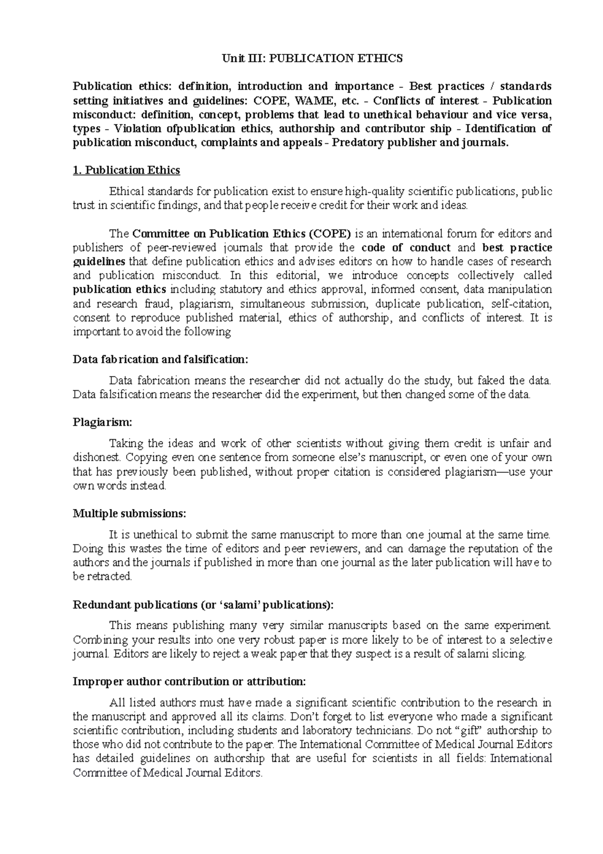 UNIT 3 Notes Unit III PUBLICATION ETHICS Publication Ethics
