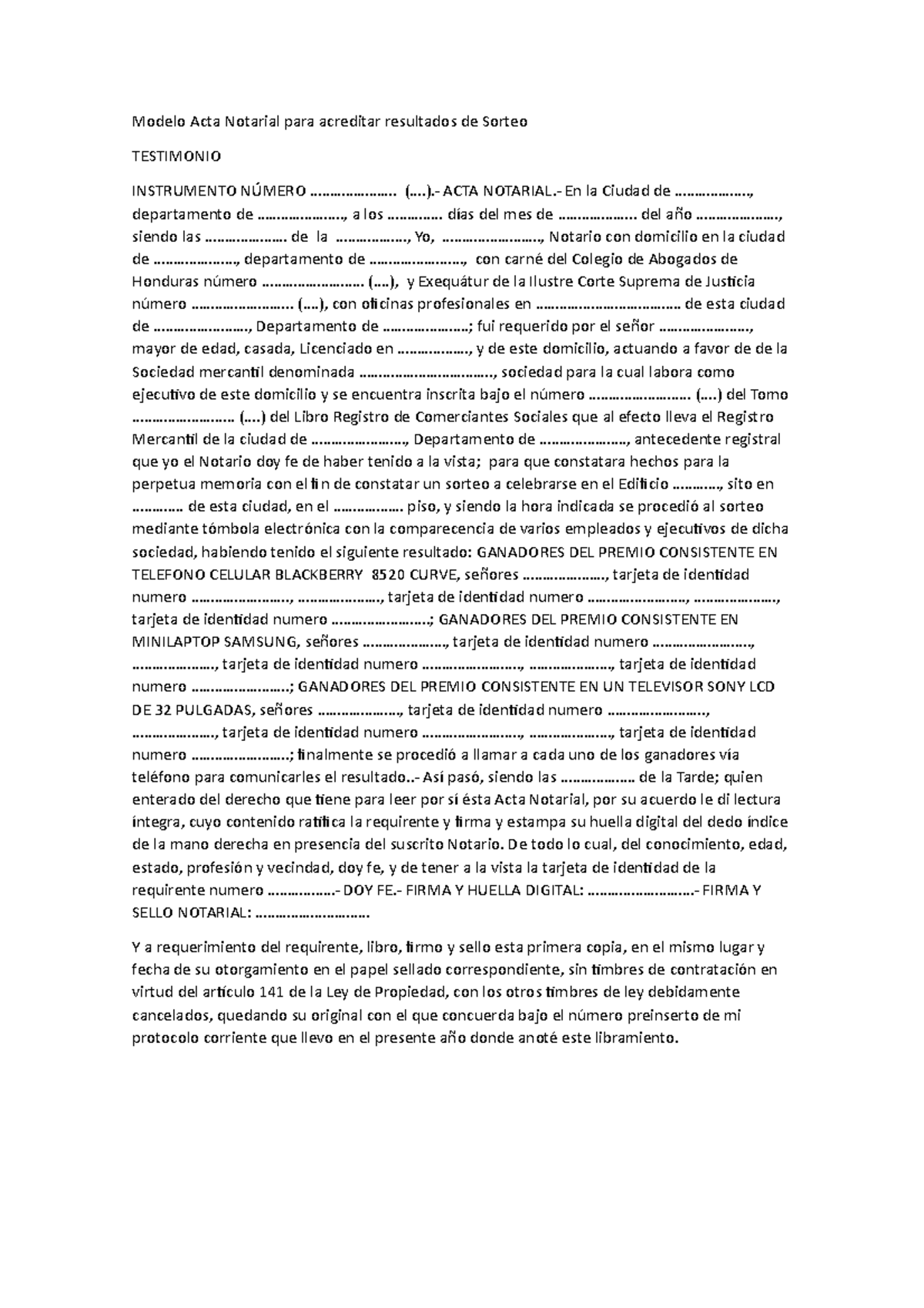 Modelo Acta Notarial para acreditar resultados de Sorteo - Modelo Acta ...