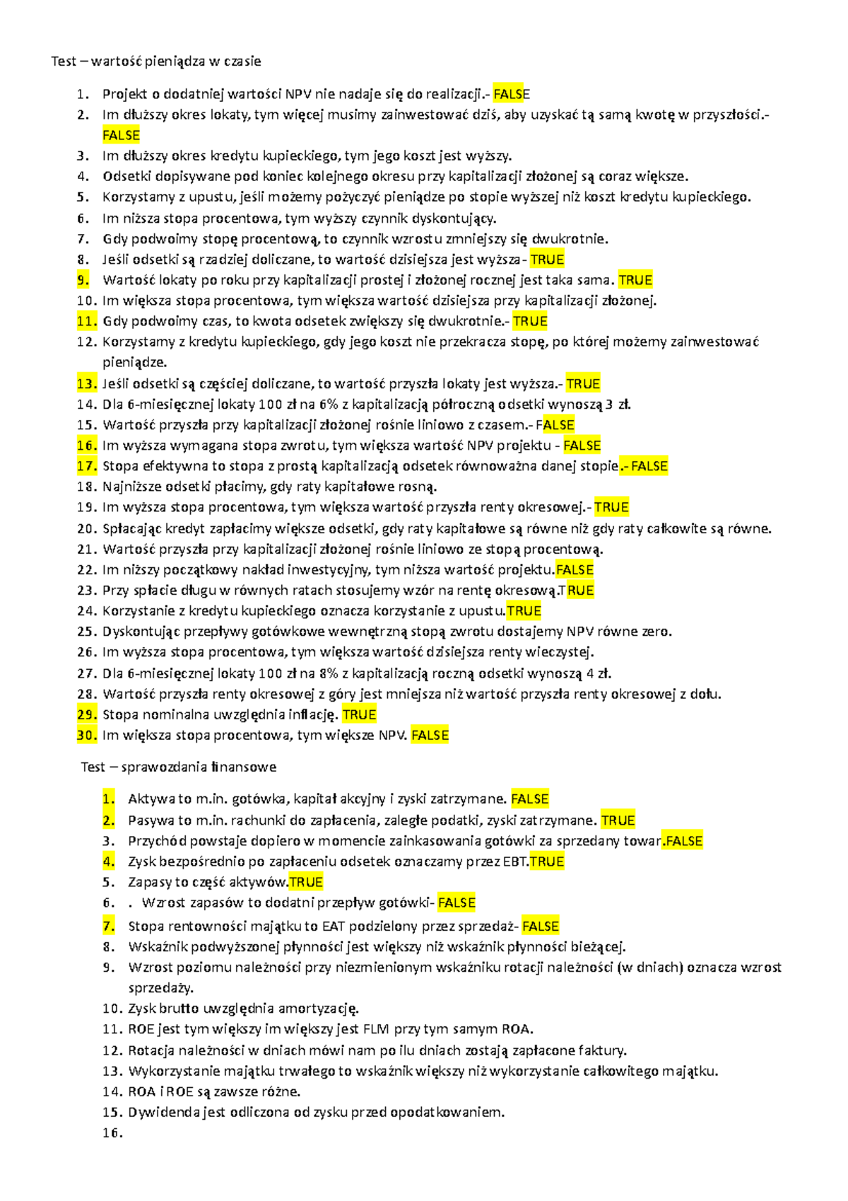 Test- PrzykŁ Adowe Pytania - Test – wartość pieniądza w czasie Projekt ...