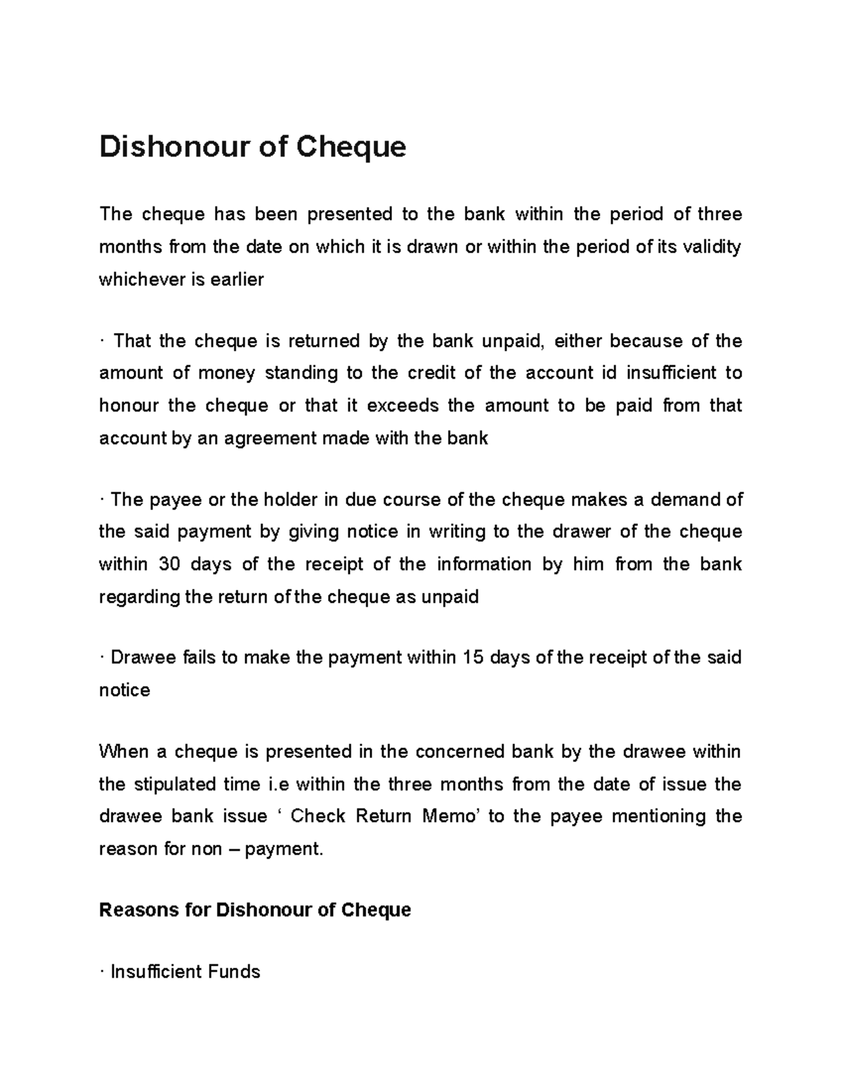 Dishonor of cheque - Dishonour of Cheque The cheque has been presented ...