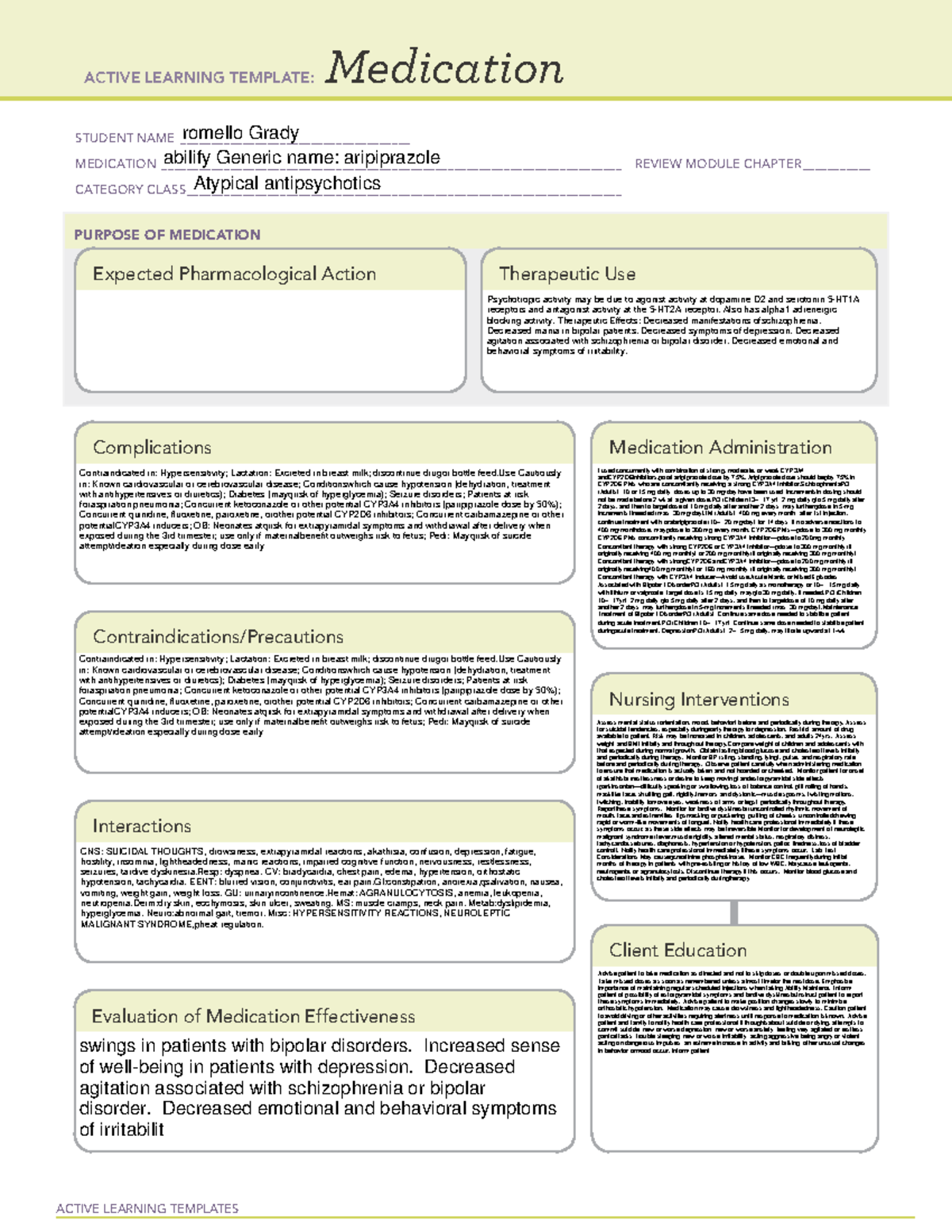 Abilify drug card - ACTIVE LEARNING TEMPLATES Medication STUDENT NAME ...