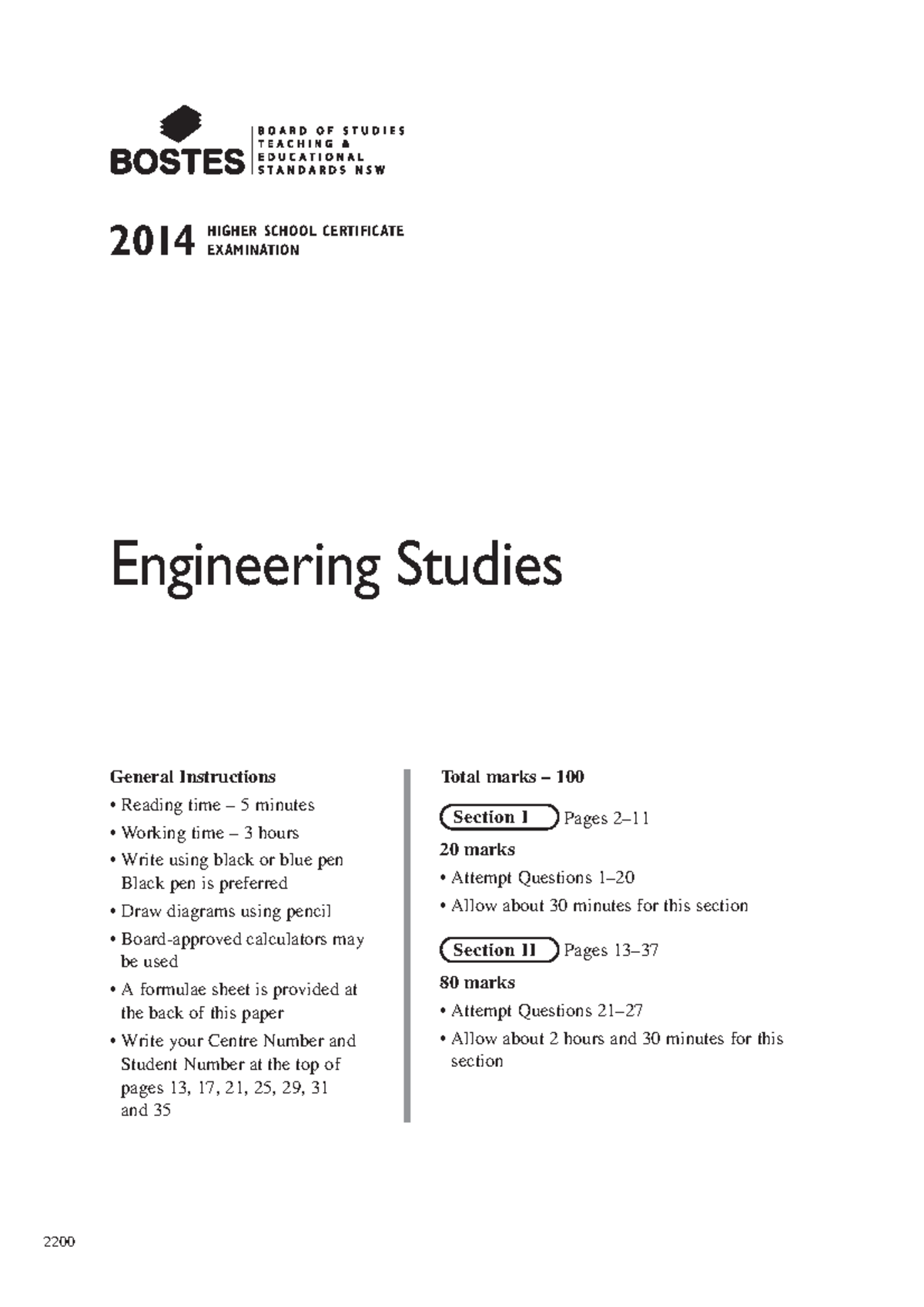 Engineering studies hsc exam 2014 - 2014 HIGHER SCHOOL CERTIFICATE ...