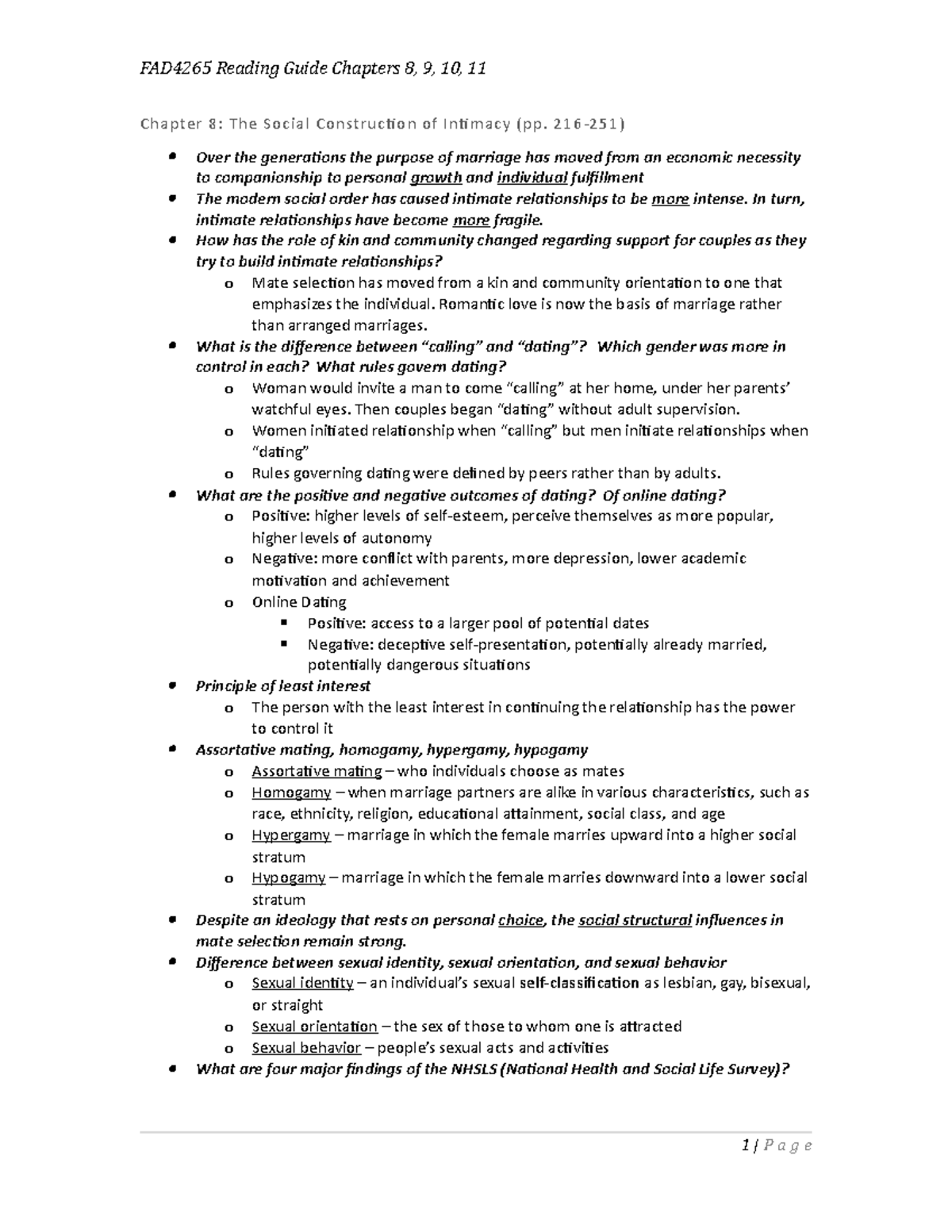 Reading Guide for Exam 2 - FAD4265 Reading Guide Chapters 8, 9, 10, 11 ...