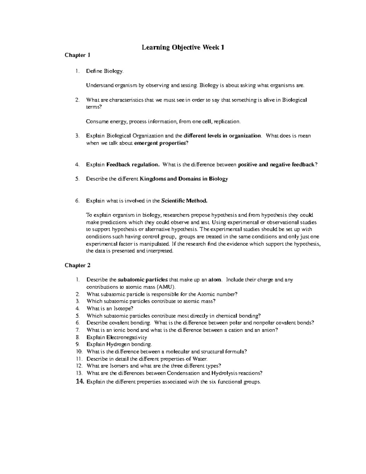 Bio 211 Learning Objectives Week 1 - Learning Objective Week 1 Chapter ...