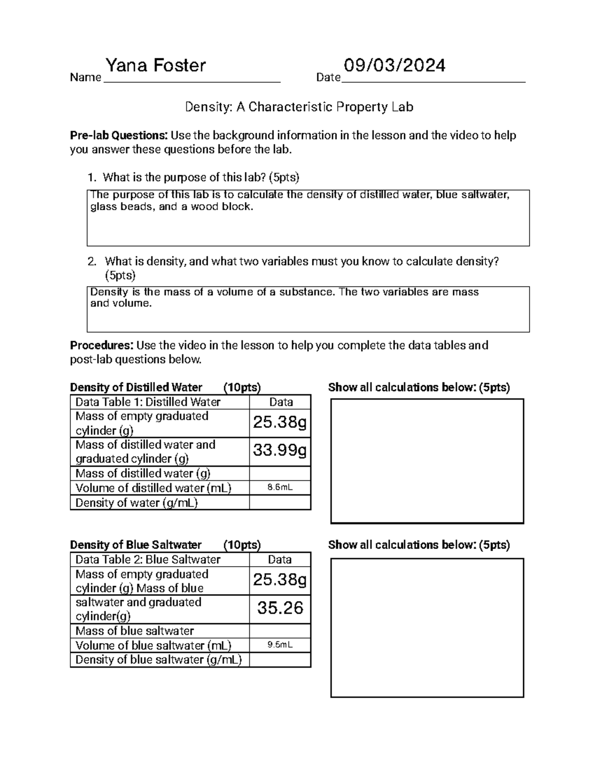 Density+Lab+Student+Handout+v2023 (1) - Name Date Density: A Characteristic Property Lab Pre-lab ...