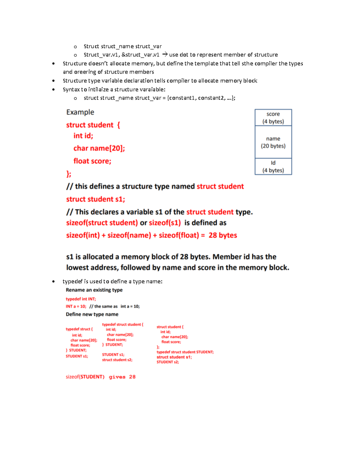 C Midterm Notes 9 O Struct Structname Structvar O Structvar