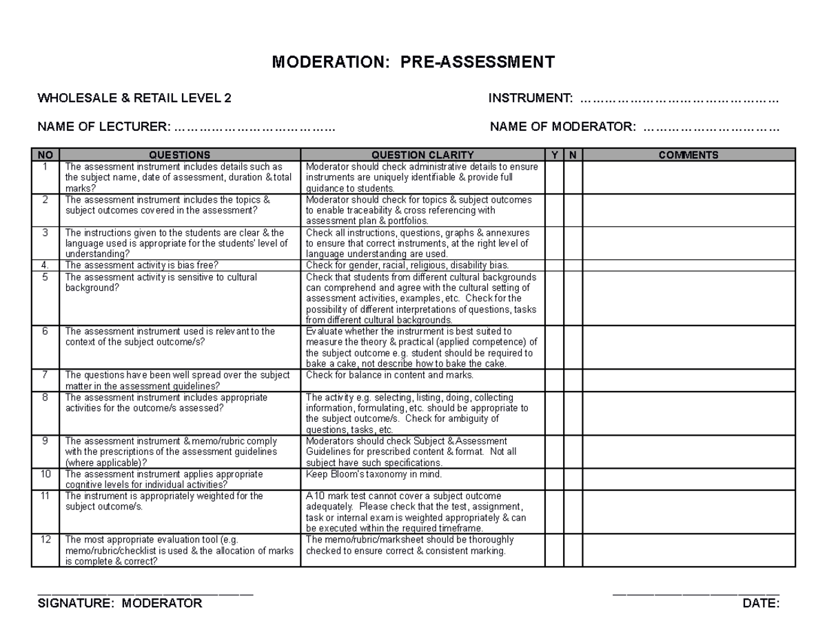 Moderation PRE Assessment - MODERATION: PRE-ASSESSMENT WHOLESALE ...