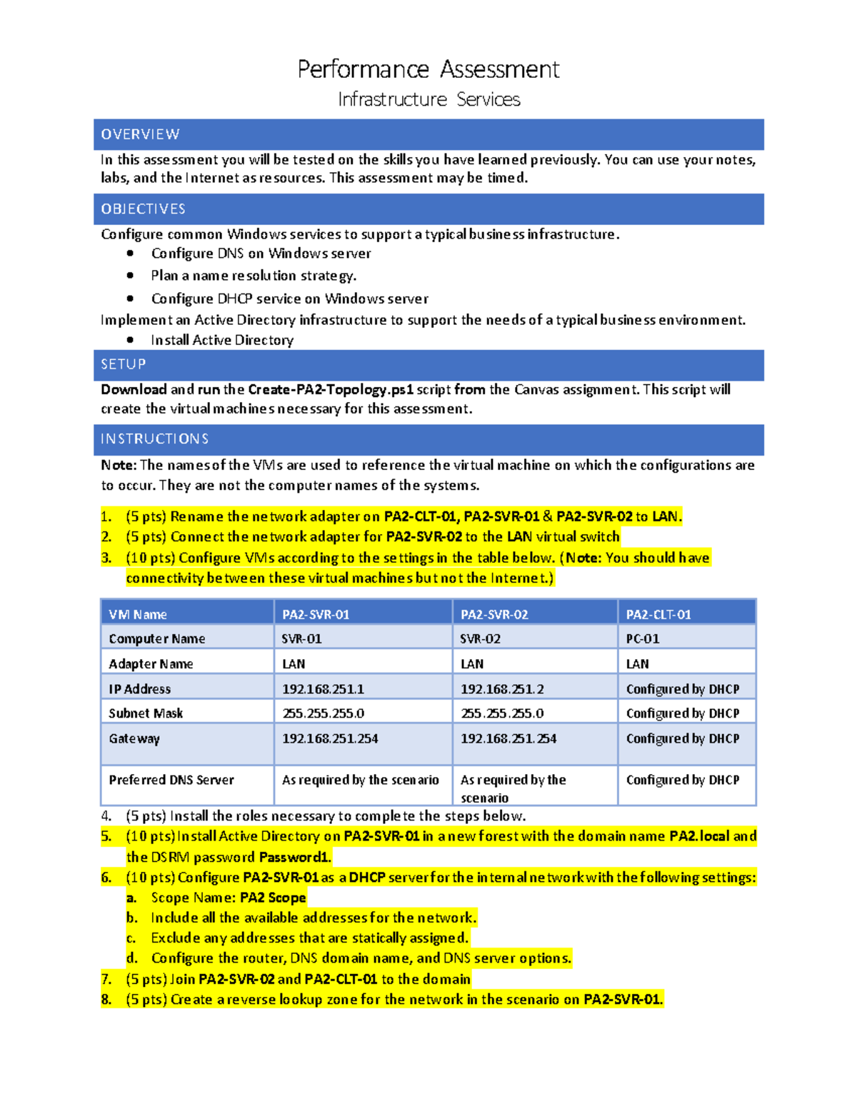 Performance Assessment 2 - Infrastructure Services OVERVIEW In this ...