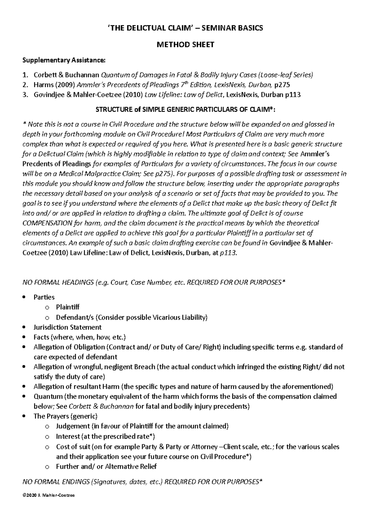 Delict Claim Drafting Seminar Method Sheet - ‘THE DELICTUAL CLAIM ...