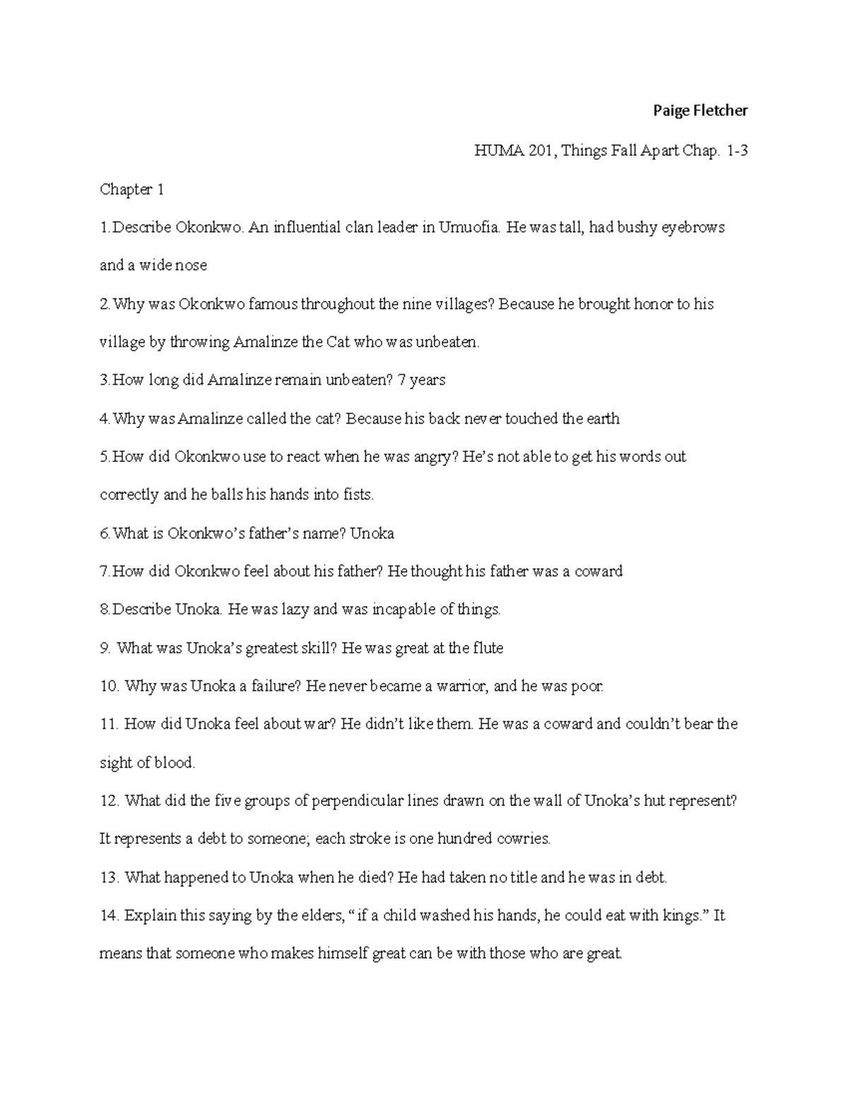 Things Fall Apart Chapter 1-3 Summary and Questions - Studocu