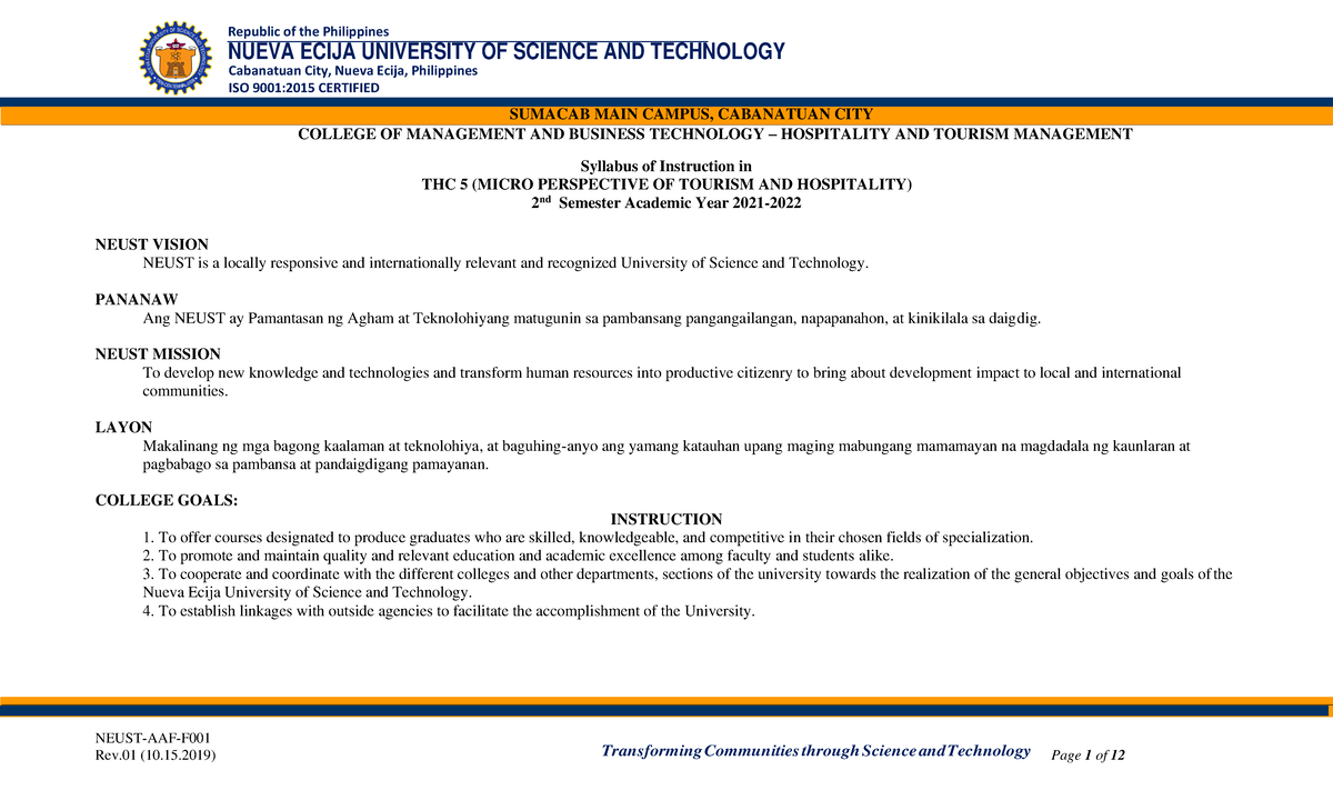 THC 5 Syllabus-2021-22 - NUEVA ECIJA UNIVERSITY OF SCIENCE AND ...
