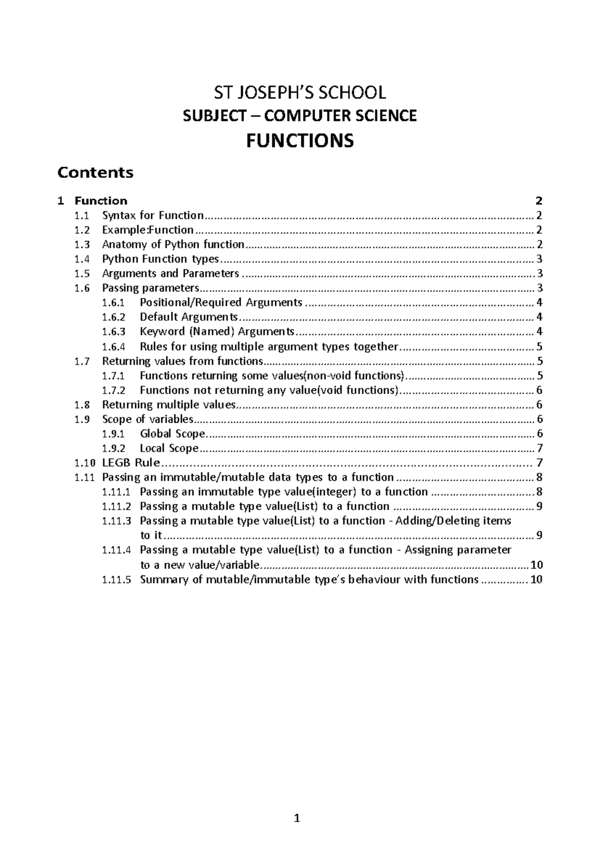 Functions notes - ST JOSEPH’S SCHOOL SUBJECT – COMPUTER SCIENCE ...