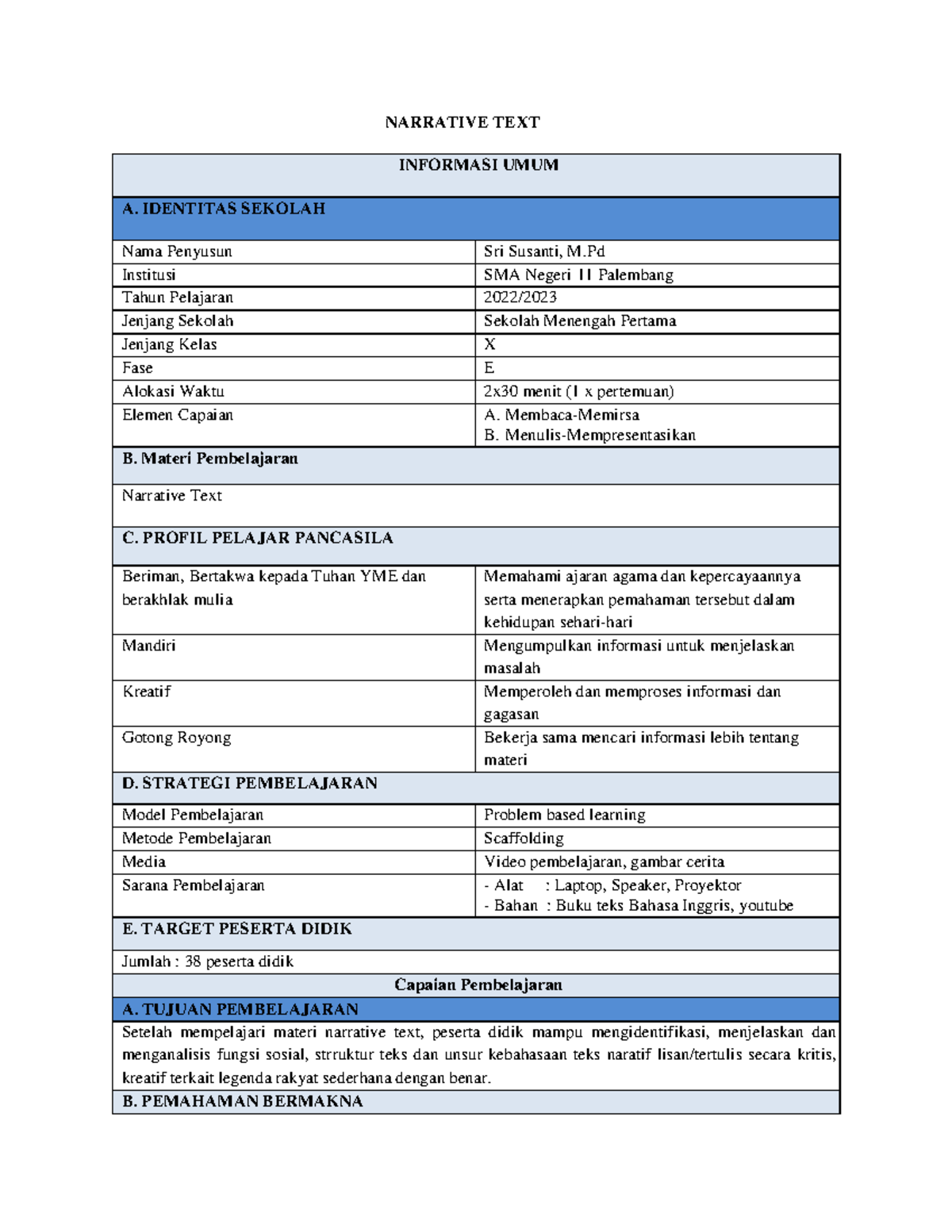 Modul narrative ada materi - NARRATIVE TEXT INFORMASI UMUM A. IDENTITAS ...