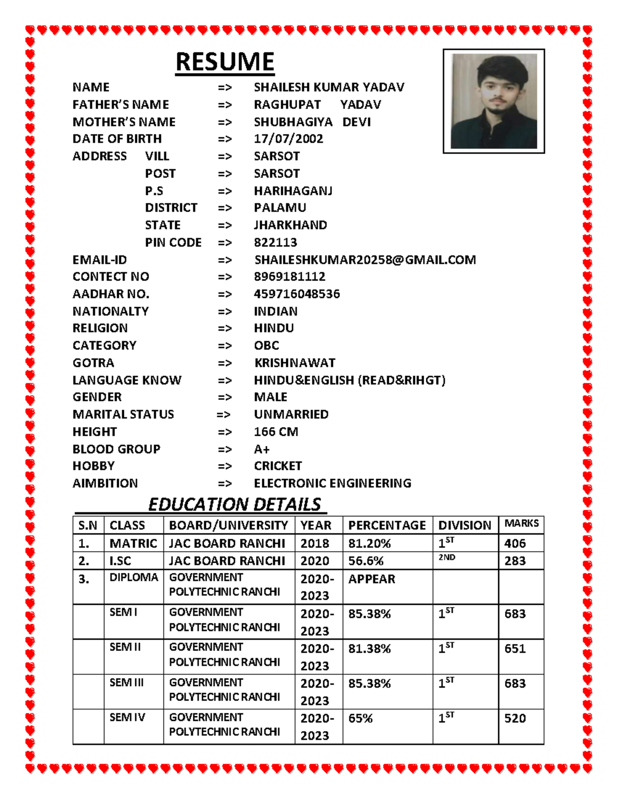 Shailesh Yadav JJ compressed - RESUME NAME => SHAILESH KUMAR YADAV ...