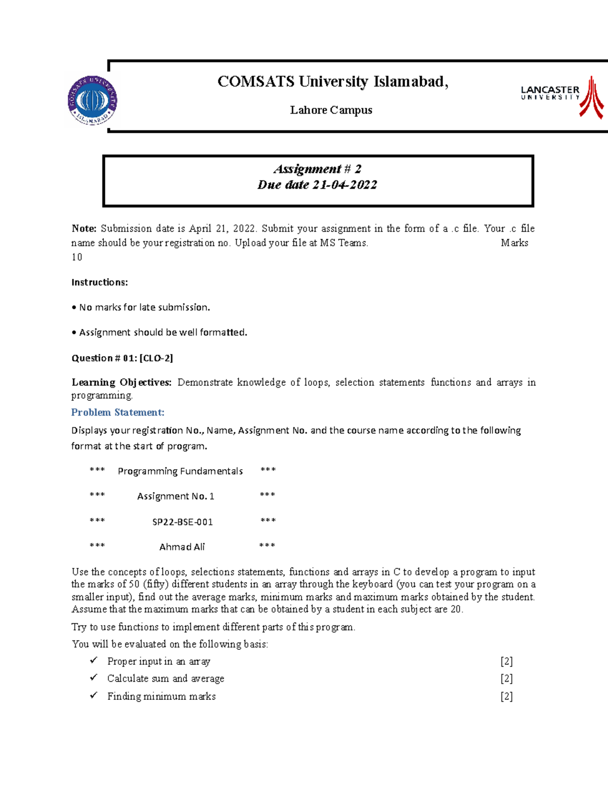 Assignment-2 - COMSATS University Islamabad, Lahore Campus Note ...